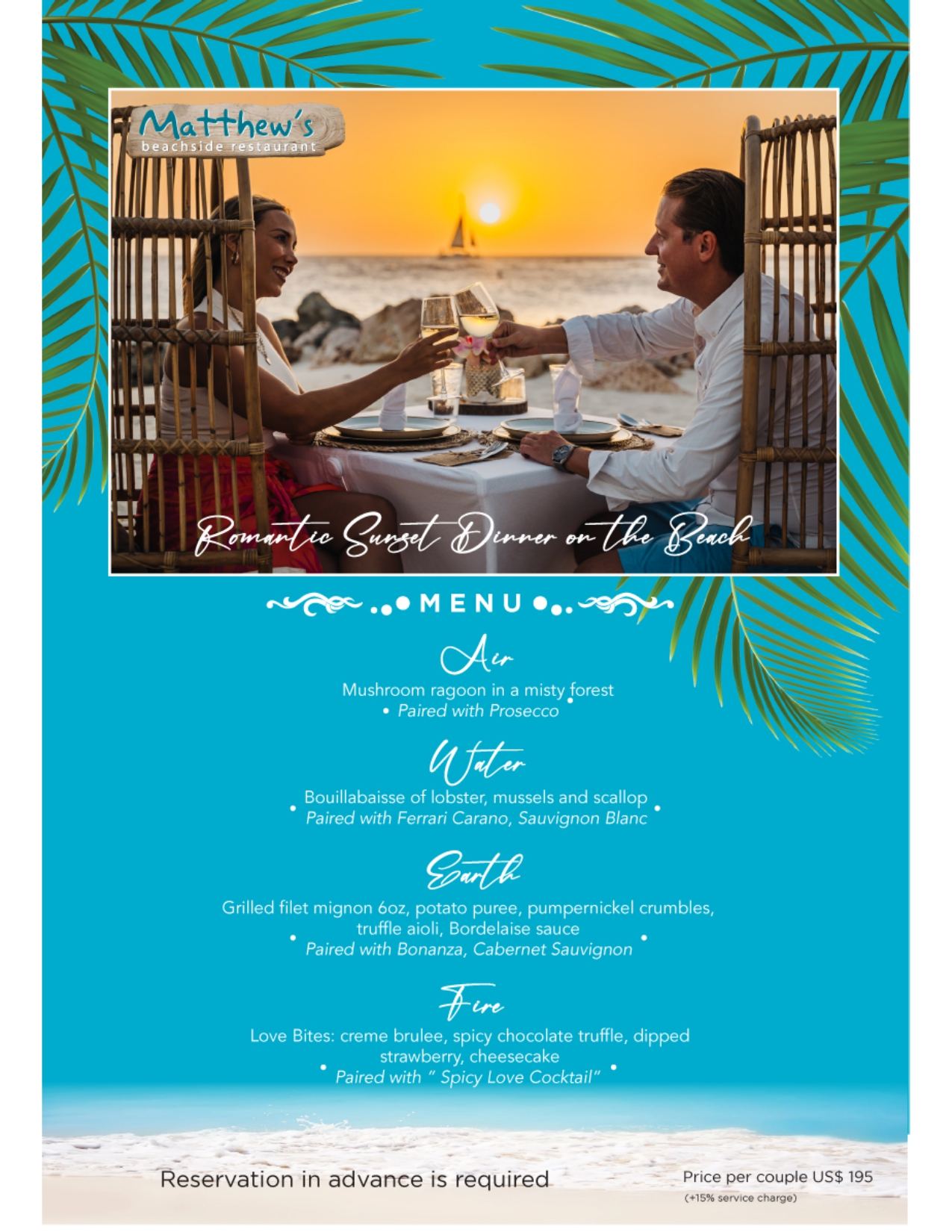 Romantic Sunset Dinner Menu at Matthew's - VisitAruba.com